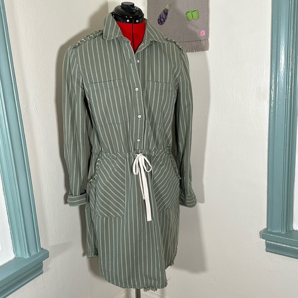 Caslon | Dresses | Caslon Green Stripe Cotton Cinch Waist Long Sleeve Dress | Poshmark
